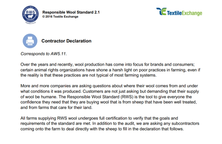 RAF-226a RWS Contractor Declaration - Textile Exchange